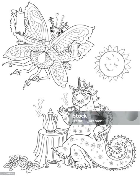 커피 냄비와 재미 동화 드래곤 마시는 커피와 판타지 나비 픽시 여성 선형 흑백 낙서 스케치 성인 색칠 공부 책 페이지 포스터