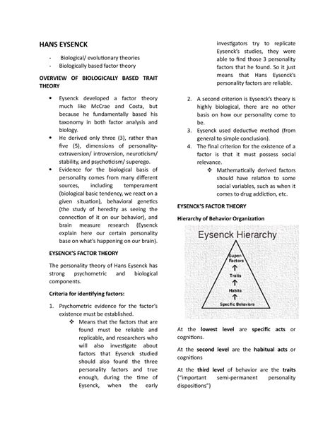 Hans Eysenck Biologically Based Factor Theory Hans Eysenck Biological Evolutionary Theories
