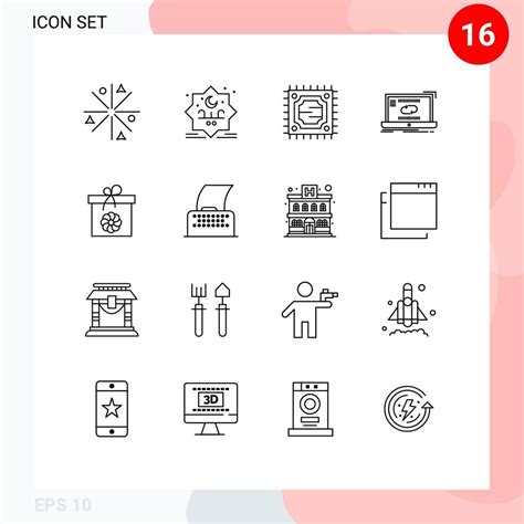 Pictogram Set Of 16 Simple Outlines Of Box Synchronization Cpu Sync Connection Editable Vector