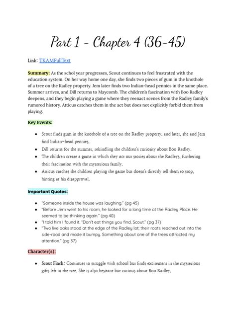 To Kill A Mockingbird Notes Part 1 Chapter 4 Pdf