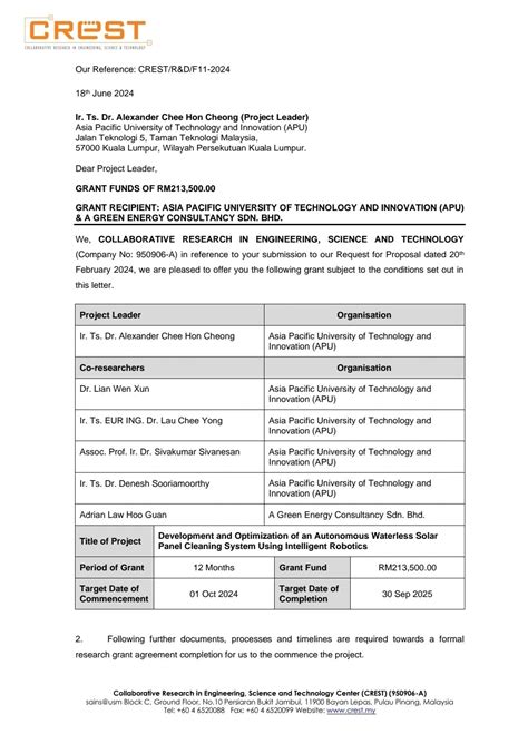 Its My Pleasure To Be Awarded With The Crest Grant Amounting To Rm213000 Thanks For The
