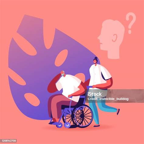 메모리 문제 치매 또는 알츠하이머 병을 가진 노인과 휠체어를 밀어 의료 간호사 노인의 지능과 신경학 건강 문제 만화 플랫 벡터