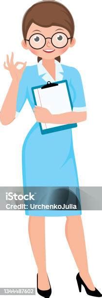 벡터 만화 일러스트 여자 의사 의사 또는 전체 길이 간호사 포인트 손 간호사에 대한 스톡 벡터 아트 및 기타 이미지 간호사 갈색 머리 건강관리와 의술 Istock