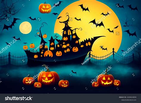 Halloween Pirate Ship Drawing Pumpkins Bat Stock Illustration