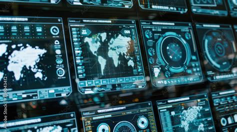 Multiple Digital Screens Displaying Interactive World Maps And Data Analytics In A High Tech