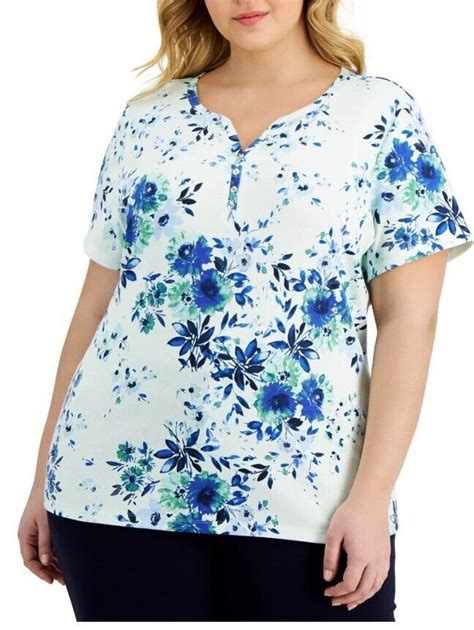 3x Plus Sz Bouquets Print Multicolo Floral Knit Short Sleeve Shirt