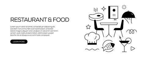 레스토랑 음식 및 음료 관련 웹 배너 라인 스타일 웹 배너 웹 사이트 헤더 등에 대한 현대 선형 디자인 벡터 일러스트레이션 0명에 대한 스톡 벡터 아트 및 기타 이미지