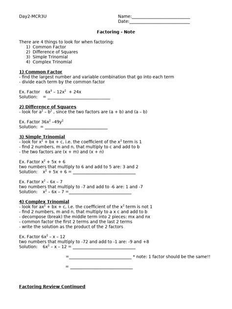 Day2 Factoring Handout Pdf Quadratic Equation Factorization