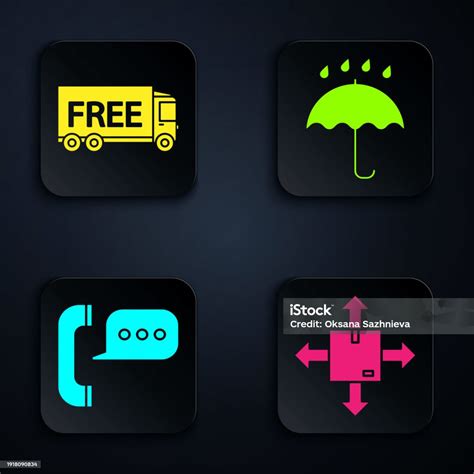 교통 기호 무료 배달 서비스 말풍선 채팅 및 우산과 빗방울이 있는 전화기가 있는 골판지 상자를 설정합니다 검은색 사각형 버튼입니다 벡터 Brand Name Online