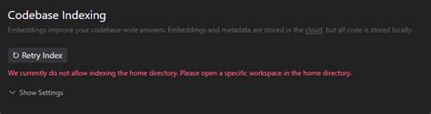 We Currently Do Not Allow Indexing The Home Directory Please Open A Specific Workspace In The