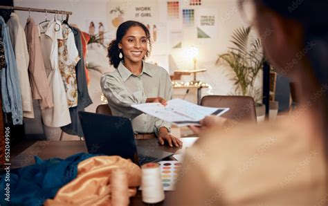 Fashion Black Woman Designer And Client In Creative Studio For Consulting On Custom Clothing