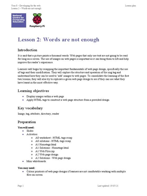 L2 Lesson Plan Developing For The Web Y8 Pdf Html Element World Wide Web