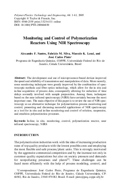 Pdf Monitoring And Control Of Polymerization Reactors Using Nir Spectroscopy