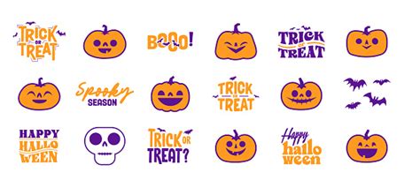 할로윈 아이콘 세트 벡터 일러스트레이션 새겨진 호박 두개골 및 박쥐 짜증나는 디자인을 트릭하거나 치료하십시오 10월에 대한 스톡 벡터 아트 및 기타 이미지 Istock