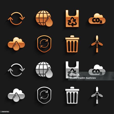 방패 내부의 재활용 기호 Co2 배출 구름 풍력 터빈 휴지통 비가 내리는 구름 비닐 봉투 재활용 새로 고침 및 지구 행성 물방울 아이콘을 설정합니다 벡터 개념에 대한 스톡