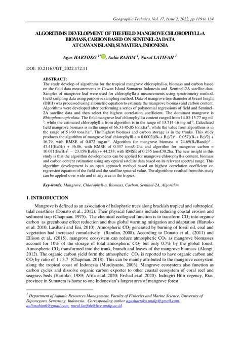 Pdf Algorithms Development Of The Field Mangrove Chlorophyll A Biomass Carbon Based On