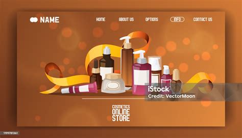 뷰티 화장품 매장 랜딩 페이지 벡터 플랫 일러스트레이션 화장품을 갖춘 건강 미용실 개념을 구성합니다 다른 화장품 바디 프로용 선물 크림 향수 배너 가루로 빻은에 대한 스톡