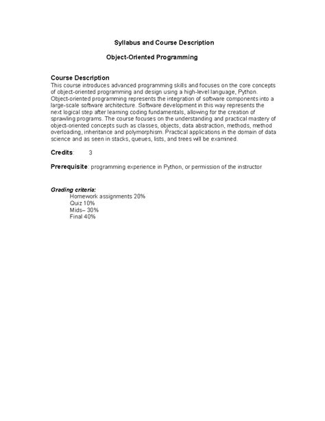 Oop Courseoutline Book Syllabus And Course Description Object Oriented Programming Course