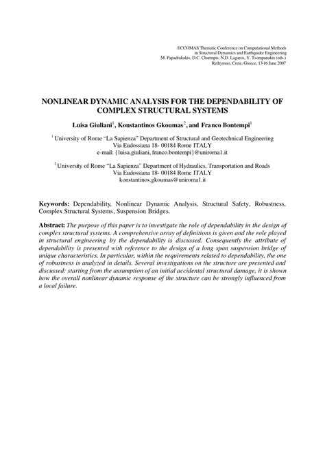 Pdf Nonlinear Dynamic Analysis For The Dependability Of Complex