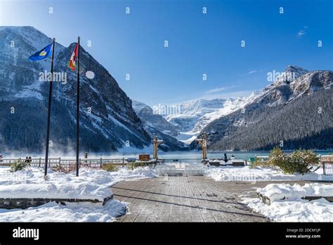 Fairmont Chateau Lake Louise In Early Winter Sunny Day Morning Mist