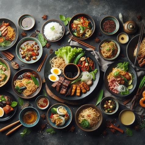 Various Of Asian Meals On Dark Background Assorted Dishes Of