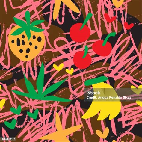 손으로 그린 평평한 열대 과일과 브러시 스케치 스트로크 배경이 있는 완벽 한 패턴 과일에 대한 스톡 벡터 아트 및 기타 이미지