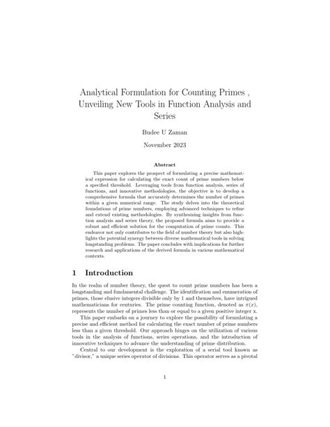 Pdf Analytical Formulation For Counting Primes Unveiling New Tools In Function Analysis And