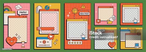 귀여운 향수 90 년대 복고풍 증기파 게시물 및 스토리 템플릿 오래된 컴퓨터 미적 Ui 요소 벡터 세트와 소셜 미디어 이야기 및 게시물 소셜 네트워킹에 대한 스톡 벡터 아트