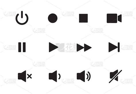 音频，视频，音乐播放器按钮图标。音效控制 播放 暂停按钮实心图标集 摄像头，媒体控制，麦克风接口象形