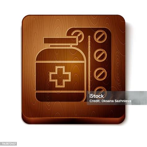 갈색 의학 병 과 알 약 아이콘 흰색 배경에 격리 병 알 약 기호입니다 약국 디자인 나무 사각형 버튼입니다 벡터 일러스트레이션 0명에 대한 스톡 벡터 아트 및 기타 이미지