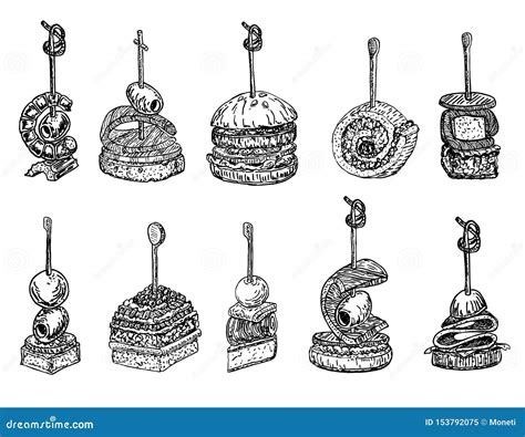 Tapas And Canape Image Set Food Hand Drawn Sketch Vector Illustration