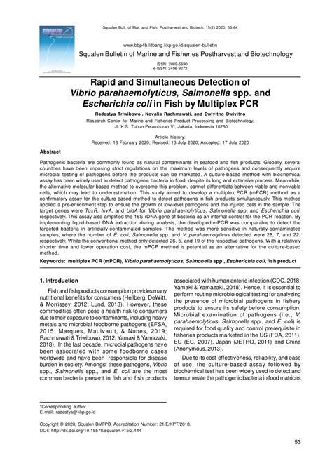 Pdf Rapid And Simultaneous Detection Of Vibrio Parahaemolyticus Salmonella Spp And