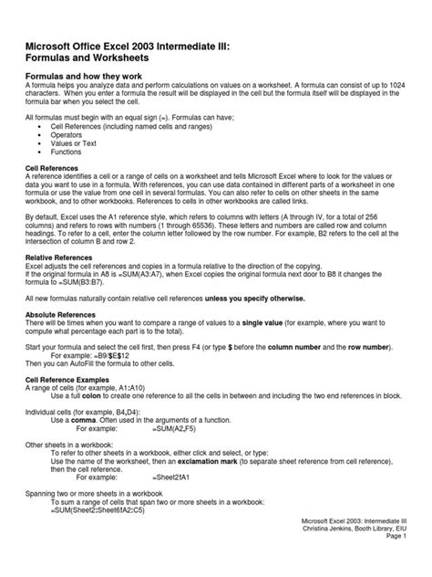 Microsoft Office Excel 2003 Intermediate Iii Formulas And Worksheets