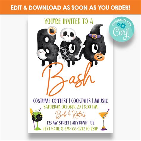 Editable Boo Bash Halloween Party Invitation Printable Halloween