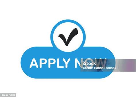 이제 버튼을 체크 마크 기호로 적용합니다 버튼 적용을 클릭합니다 플랫 디자인의 액션 버튼 Apply Now에 대한 스톡 벡터