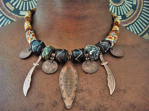 Mens Tribal Jewelry Antique Ethnic Necklace Batik Bone Choker African Granite Warrior