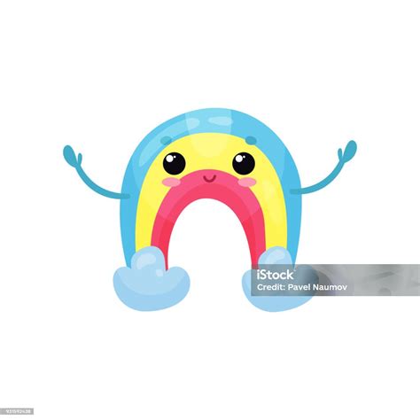 손과 얼굴을 미소와 함께 행복 한 무지개 문자입니다 화려한 날씨 이모티콘입니다 어린이 서 모바일 게임이 나 인쇄 만화 평면 벡터 요소 귀여운에 대한 스톡 벡터 아트 및 기타