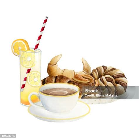 아침 간식을 위한 커피 크로와상 과자 및 주스 한 잔과 유럽식 아침 식사 호텔 카페 메뉴에 대 한 흰색 배경에 고립된 수채화 그림 아침 식사에 대한 스톡 벡터 아트 및 기타