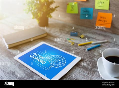 Machine Learning Artificial Intelligence And Smart Technology Concept On Device Screen Stock