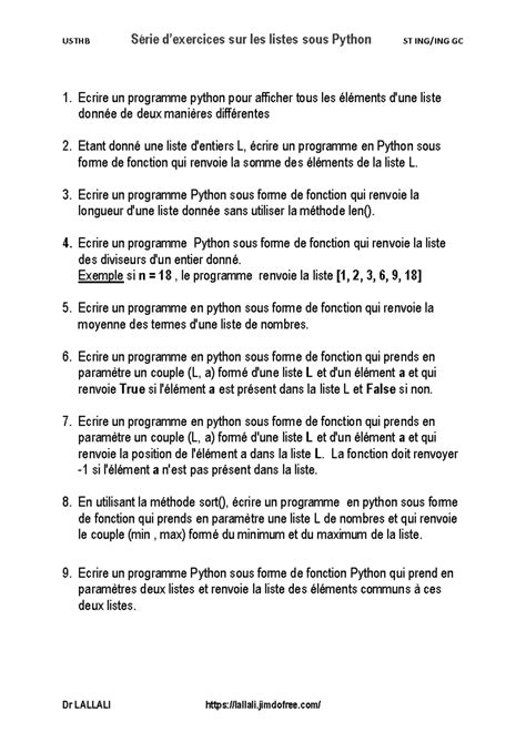Série Sur Les Listes Python Usthb Série Dexercices Sur Les Listes
