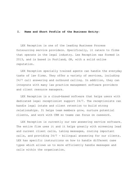 Lex Reception Case Analysis I Name And Short Profile Of The Business Entity Lex Reception