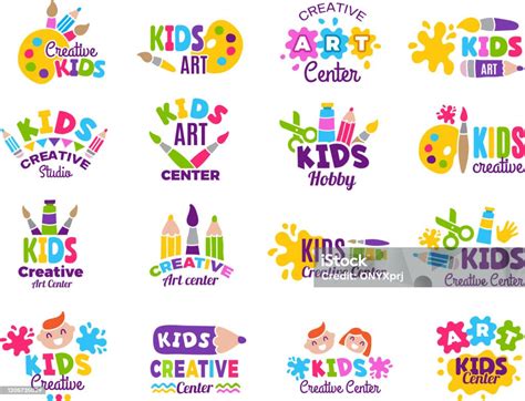 창조적 인 아이 로고입니다 어린이 아이덴티티 벡터 엠블럼 컬렉션을 위한 공예 및 페인팅 창의력 클래스 공예에 대한 스톡 벡터 아트 및 기타 이미지 Istock