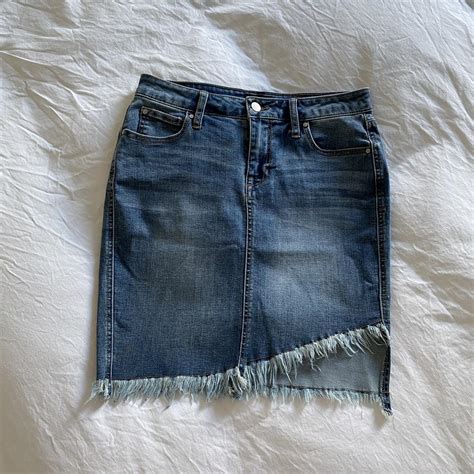 Stretch Denim Mini Skirt With Fringe Depop