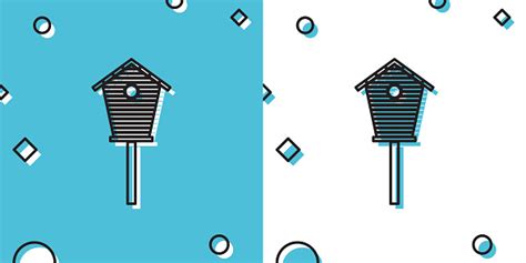 파란색과 흰색 배경에 고립 된 블랙 버드 하우스 아이콘입니다 중첩 상자 새집 조류를위한 수제 건물 임의 동적 셰이프 벡터 일러스트레이션 Emergency Shelter에