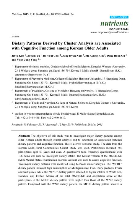 Pdf Dietary Patterns Derived By Cluster Analysis Are Associated With Cognitive Function Among