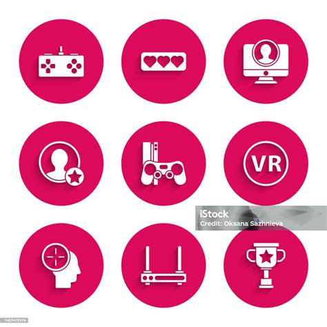 조이스틱 라우터 및 Wifi 신호 수상 컵 가상 현실 안경 헤드 헌팅 개념 프리미엄 계정 생성 화면 만들기 및 게임 패드 아이콘으로 게임 콘솔을 설정합니다 벡터 3차원