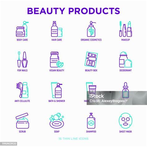 뷰티 제품 얇은 라인 아이콘 세트 스킨 케어 크림 젤 유기농 화장품 메이크업 비누 디스펜서 네일 케어 뷰티 박스 데오도란트 얼굴 오일 스크럽 샴푸 시트 마스크 현대 벡터