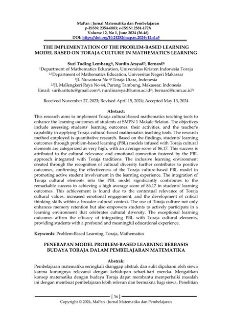 Pdf The Implementation Of The Problem Based Learning Model Based On Toraja Culture In