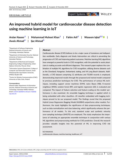 An Improved Hybrid Model For Cardiovascular Disease Detection Using Machine Learning In Iot