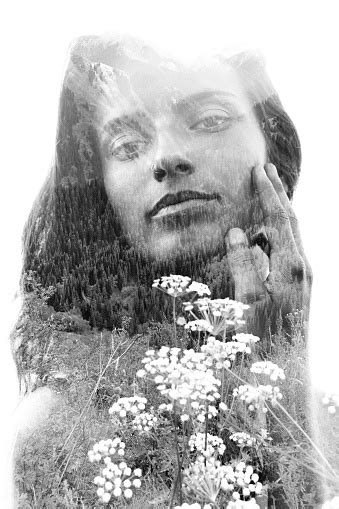 부드럽게 파인 트리 숲 흑인과 백인 근처 언덕에 섬세 한 흰 꽃과 함께 그녀의 얼굴을만 지는 자연스럽 게 아름 다운 여자의 이중 노출 초상화 꽃 식물에 대한 스톡 사진 및